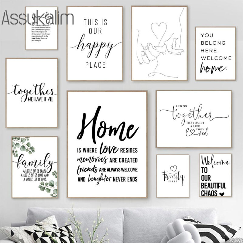 Modern Black White Family Quote Wall Art With Green Leaf Print ...