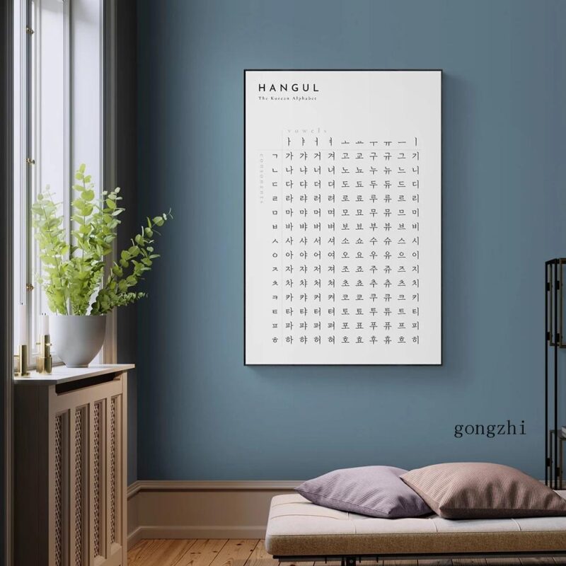 Korean Hangul Alphabet Learning Poster Black White Canvas Wall Art For ...