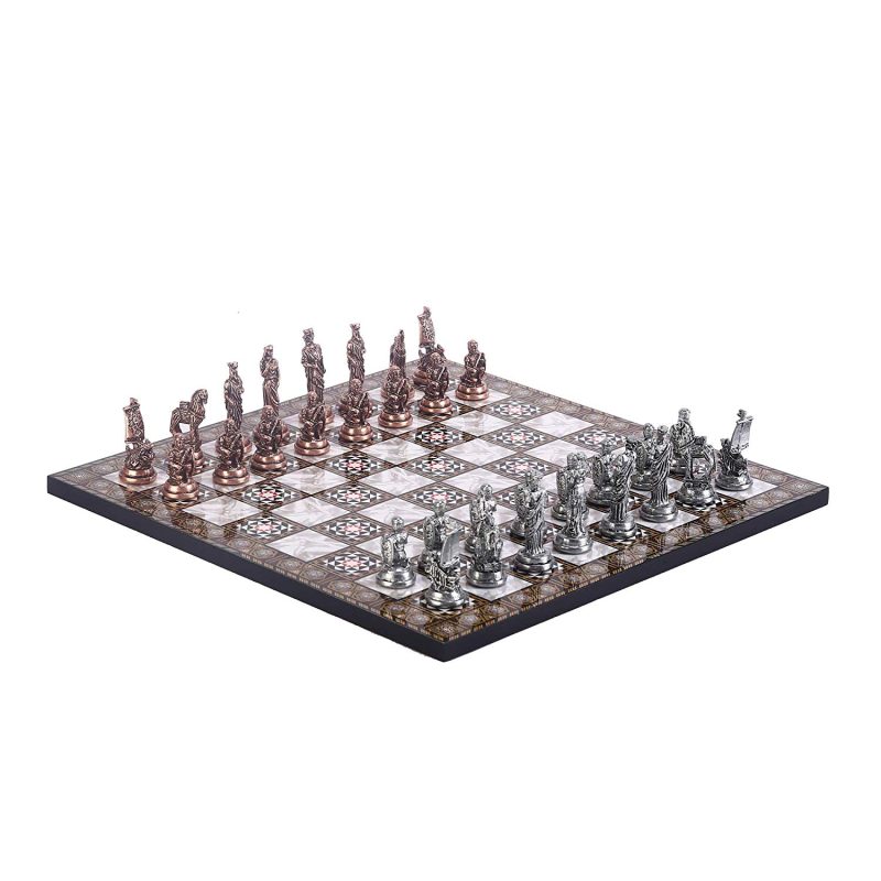 Handmade Historical Troy Chess Set Antique Copper Figures Motherofpearl Board