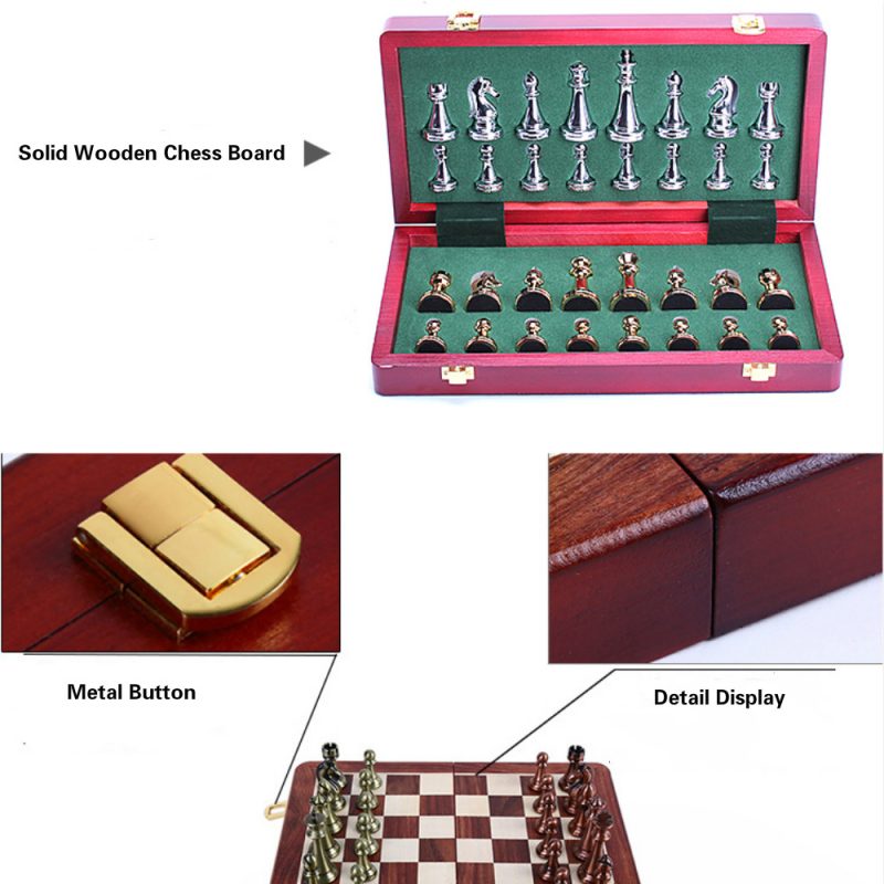 Professional Chess Set With Bronze Pieces Glossy Wooden Folding Board ...