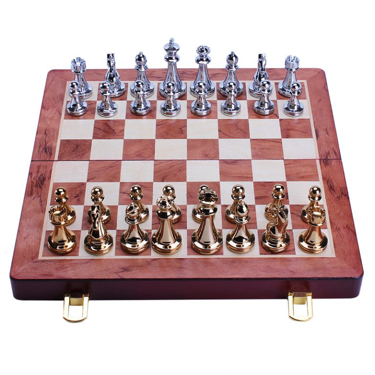 Professional Chess Set With Bronze Pieces Glossy Wooden Folding Board ...